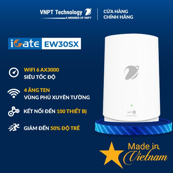 Hệ thống WiFi Mesh 6 VNPT Technology iGate EW30SX ( 1-pack ) chuẩn AX 3000Mbps siêu tốc độ cho ...