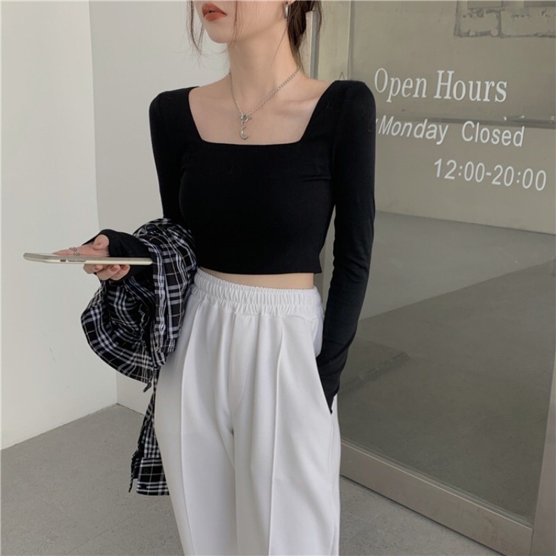 Áo crotop cổ vuông tay dài mẫu trơn sexy {freeship } | Shopee Việt Nam