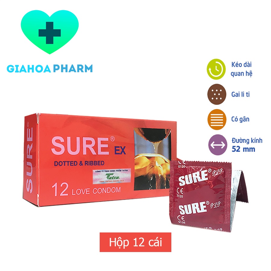 Bao cao su Sure EX (Malaysia) - Hộp 12 cái (BCS Gia đình, mỏng, bề mặt nhám, gai nhỏ tạo cảm xúc ...