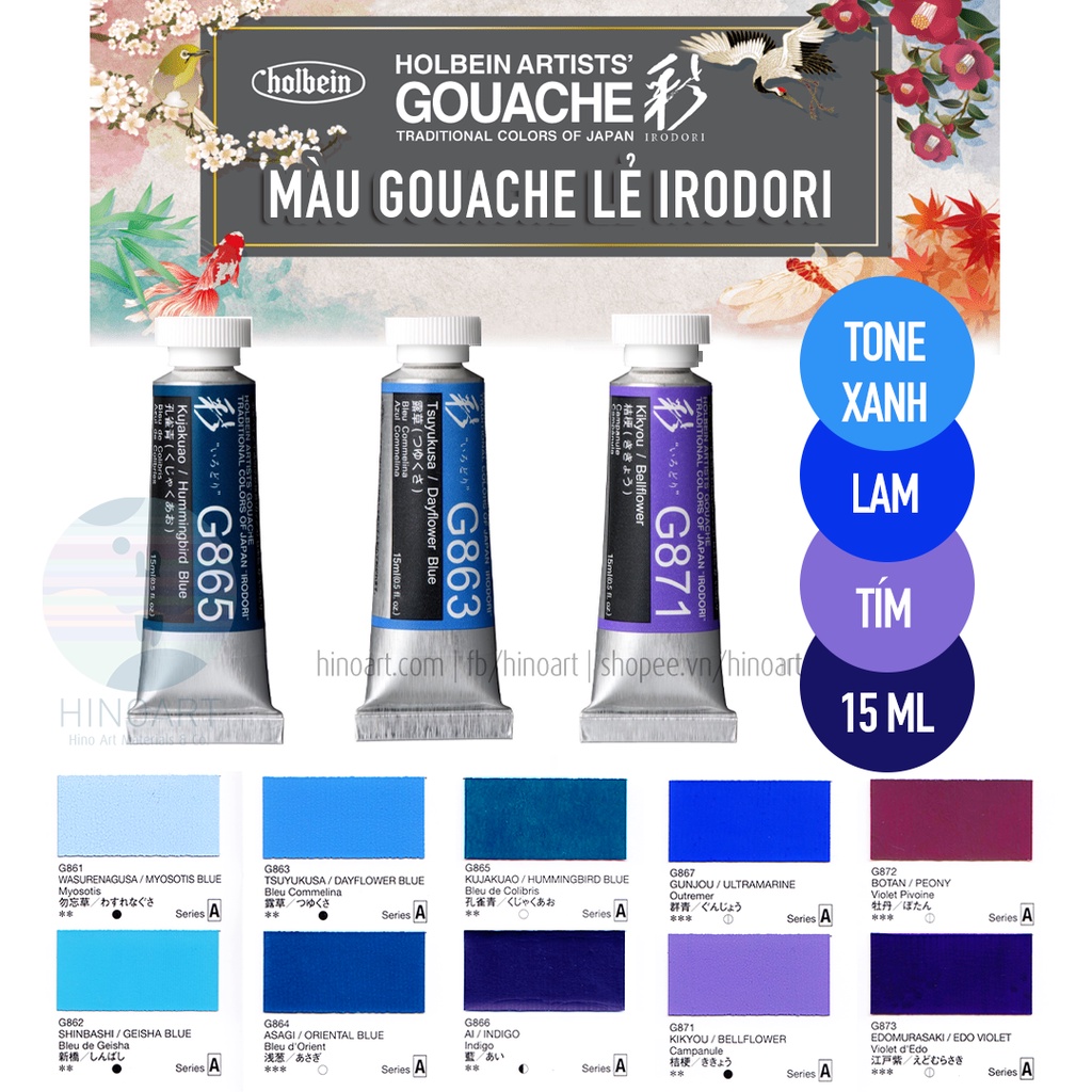 Màu Gouache lẻ Holbein Irodori tông xanh lam xanh dương tím - tuýp 15ml ...