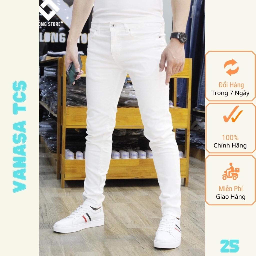Quần Jean Nam Trắng Trơn Không Rách Gối Chất Bò Cao Cấp Co Dãn 4 Chiều đẹp Form Skinny Vanasa