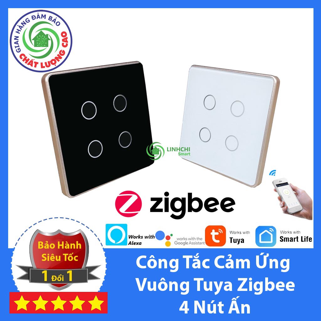 [BH 12 tháng] Công Tắc Cảm Ứng Điều Khiển Từ Xa TUYA ZIGBEE 4 Nút VUÔNG Viền Vàng Mặt Kính Cảm ...