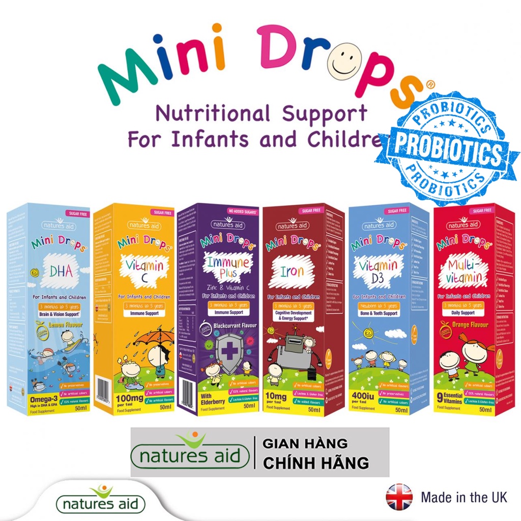 Mini drops cho bé của Natures Aid (sắt, vtm D3 drops, DHA drops, Multi ...
