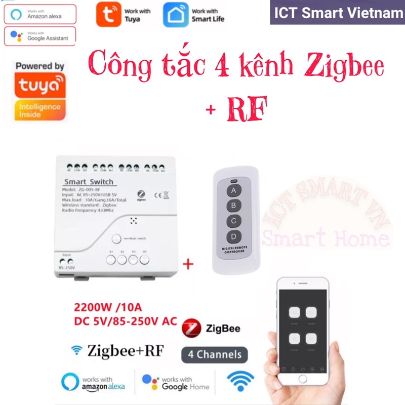 Công tắc Zigbee + RF 4 gang Tuya/ Smartlife, tặng remote RF 433Mhz | Shopee Việt Nam