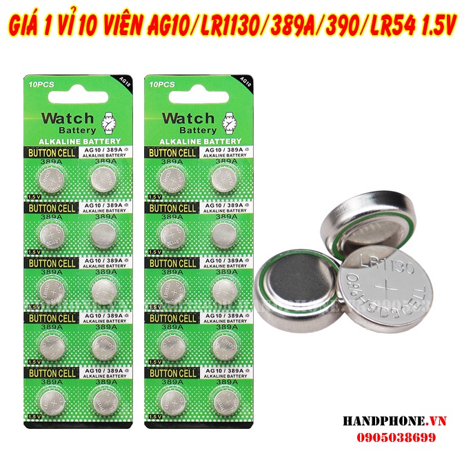 1 vỉ 10 viên pin cúc áo 1.5V AG10 / LR1130 / 389A / 390 / LR54 / SR1130 ...