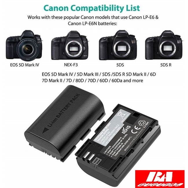 PIN cho Canon LP-E6/E6N RAVPOWER dùng cho máy ảnh EOS R 90D 5d4 70D 6d2 R6 R5 5D2 5D3 60D 7D2 7D ...
