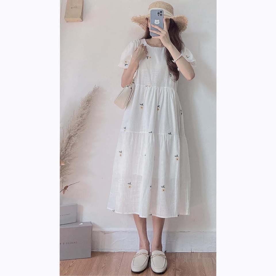 Váy Babydoll Hoa Cúc Tay Phồng Cổ Tròn 2 Lớp Có Dây Cột Eo, Labibi ...