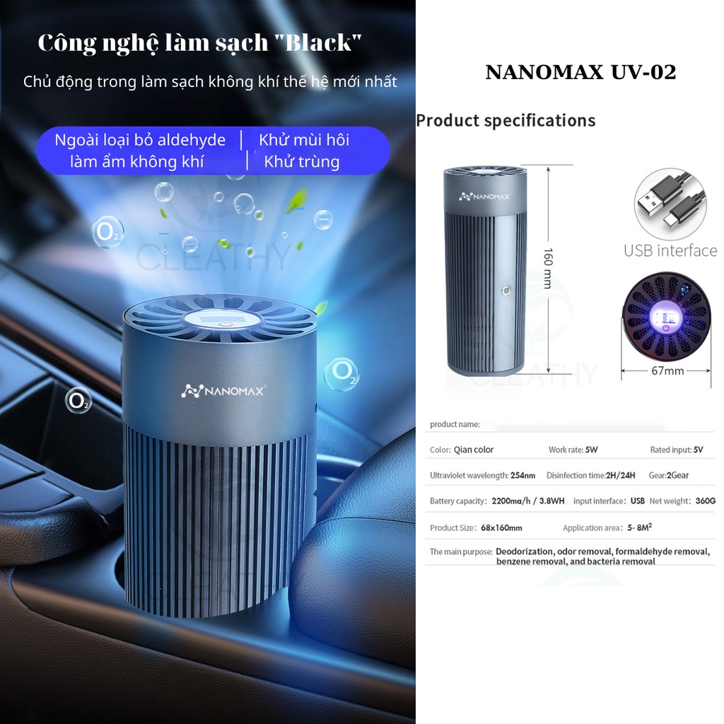 Máy Lọc Không Khí Ô Tô Nanomax Uv-02, Lọc Bụi Mịn, Khử Mùi, Uv Khử Khuẩn Công Nghệ Black Mới ...
