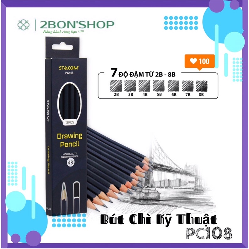 Bút Chì Kỹ Thuật Stacom PC108-2B/3B/4B/5B/6B/7B/8B ( Hộp 12 Cây ) | Bút chì kỹ thuật từ 2B đến ...