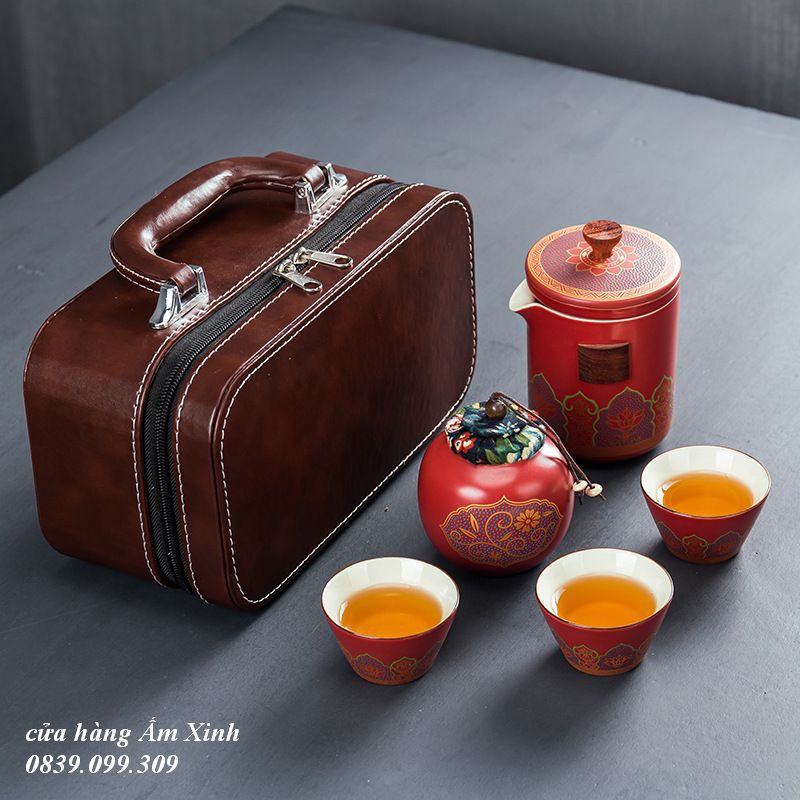 Bộ ấm chén pha trà du lịch 250 ml (kèm vali da sang trọng chống va đập ...