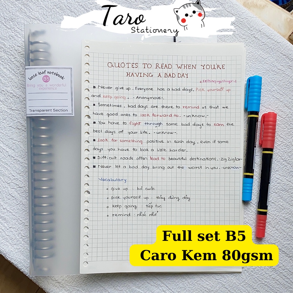 Full set sổ còng tặng kèm 4 Tab Phân Trang A4 B5 A5 30,26,20 lỗ bìa còng kèm giấy 100gsm Taro ...