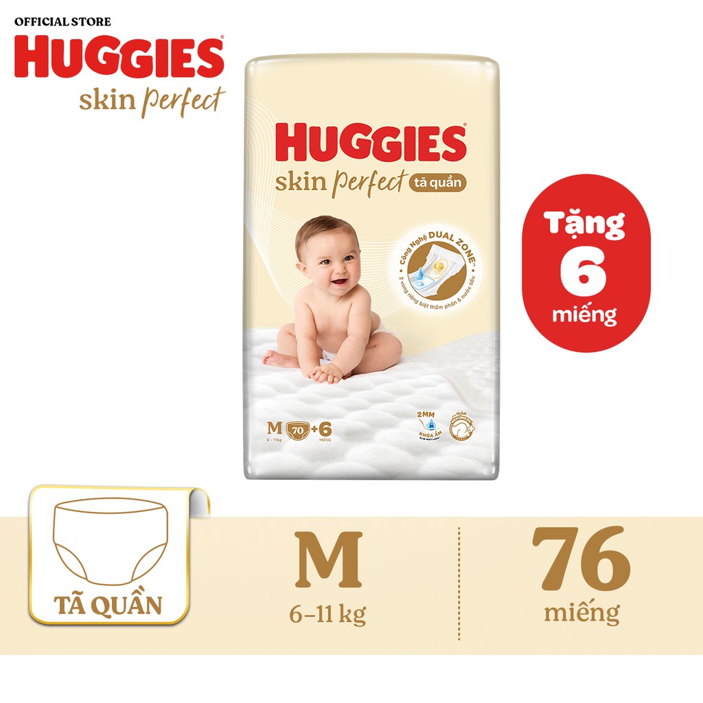 Tã quần Huggies Skin Perfect Super Jumbo M70+6/ L60+6/ XL52+6/ XXL48+6 với 2 vùng thấm giảm kích ...