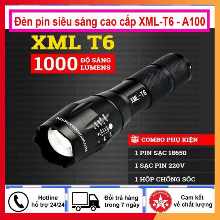 Đèn pin siêu sáng cao cấp XML-T6 - A100 (LOẠI TỐT KÈM HỘP ĐỰNG SANG ...