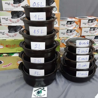Nồi đất nắp kính dùng kho cá, thịt, nấu mì cay (Có 11 size: 0.5L, 1L, 1.5L, 2L, 2.5L, 3L, 6in ...