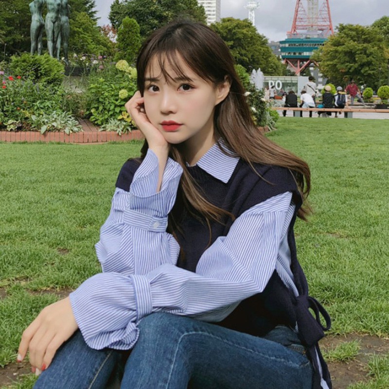 (HÀNG SẴN) Set áo len gile buộc dây + Áo sơ mi nữ dài tay cổ bẻ kẻ sọc ...