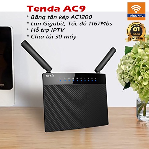 Bộ phát wi fi Tenda AC9 Gigabite xuyên tường tốt Router chịu tải trên 30 thiết bị, LAN 1000 M ...