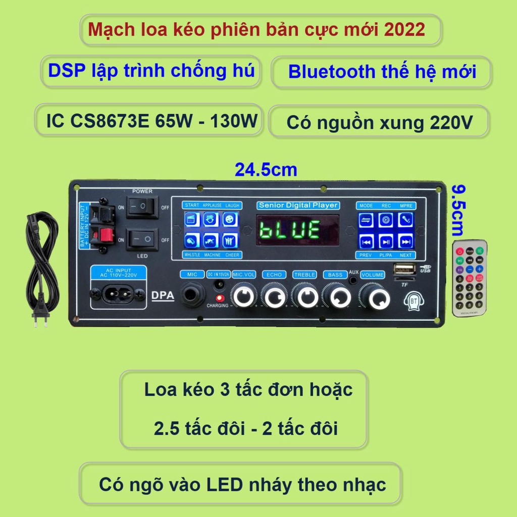 Mạch loa kéo DSP lập trình chống hú IC CS8673E 130W có nguồn xung 220V ...