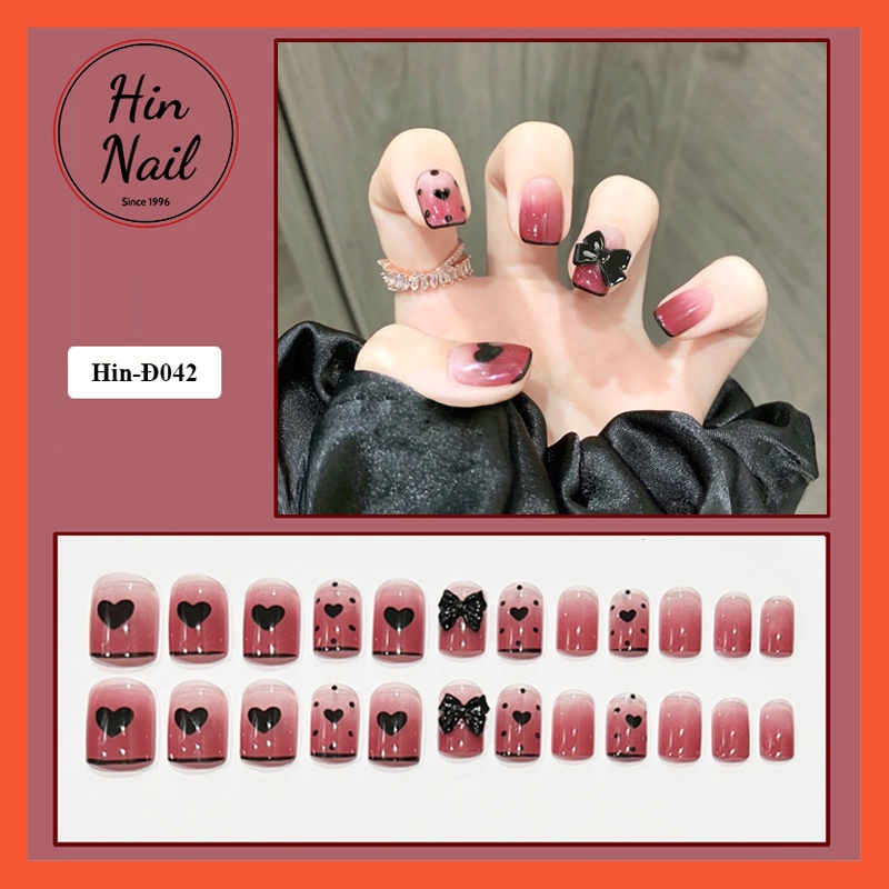 móng tay giả đính nơ đen ngắn Hin Nail form ngắn họa tiết trái tim ...