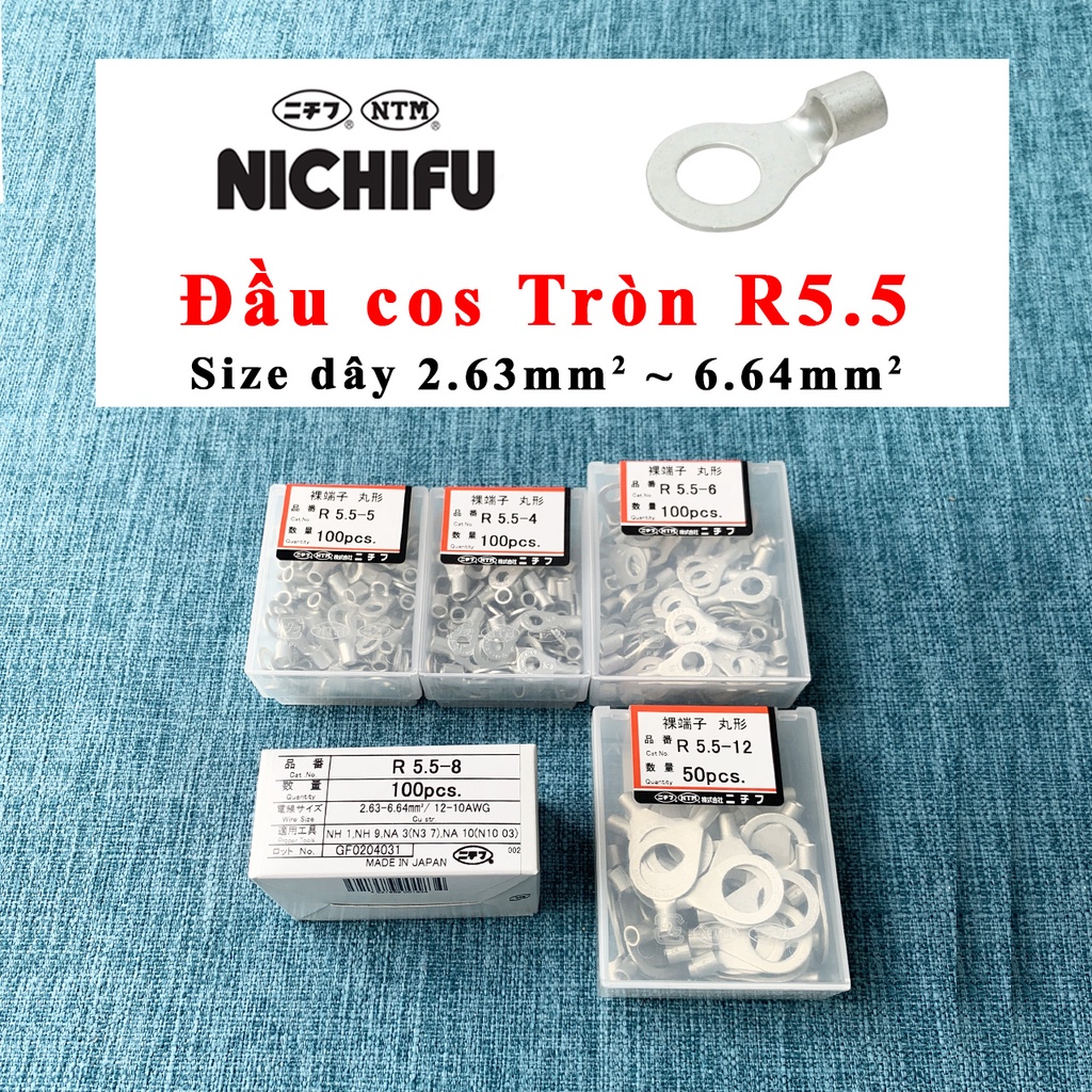 Đầu cos tròn R5.5 Nichifu Nhật Bản- Đầu cốt tròn loại trần -Cho dây 2.63 tới 6.64mm2 R5.5-4 R5.5 ...