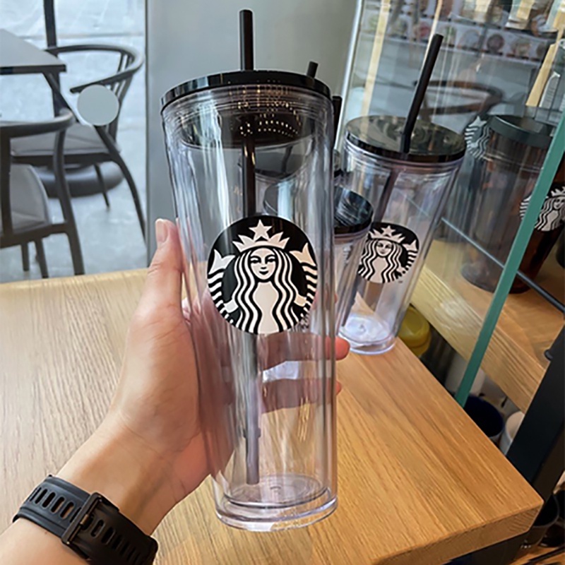 Cốc cà phê Starbucks 710Ml/473Ml 2 lớp đen nhám có ống hút 24oz/16Oz | Shopee Việt Nam
