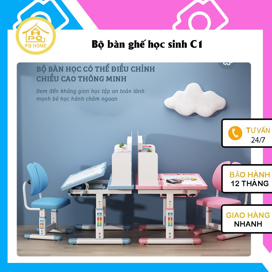 Bộ bàn ghế học sinh C1 PQ Home chống gù, chống cận kích thước 80-60-74 cm (dài, rộng, cao ...
