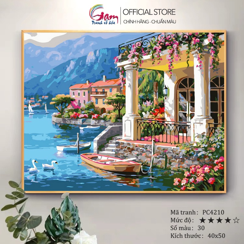 Tranh tô màu số hoá phong cảnh phố cổ bên bờ vịnh GAM căng sẵn khung 2 ...