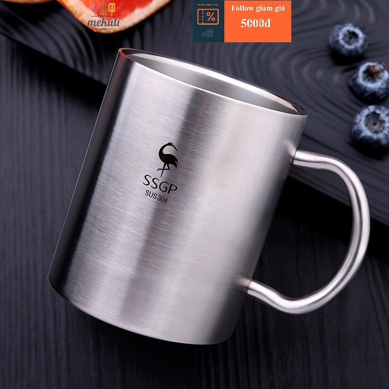 Ly inox 304 2 lớp cách nhiệt có tay cầm có nắp 400ml | Shopee Việt Nam