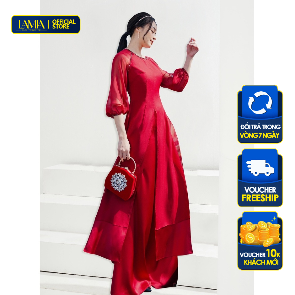 Áo dài truyền thống Lamia Design AD044 màu đỏ voan tơ | Shopee Việt Nam