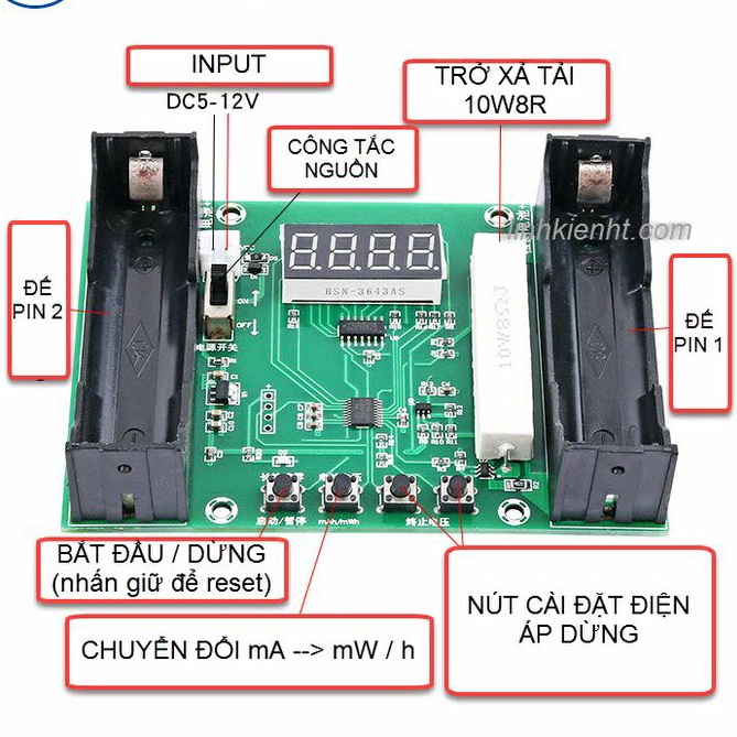 Pin lithium 18650 Mạch kiểm tra dung lượng thực pin maH / mwH DC5-12V ...