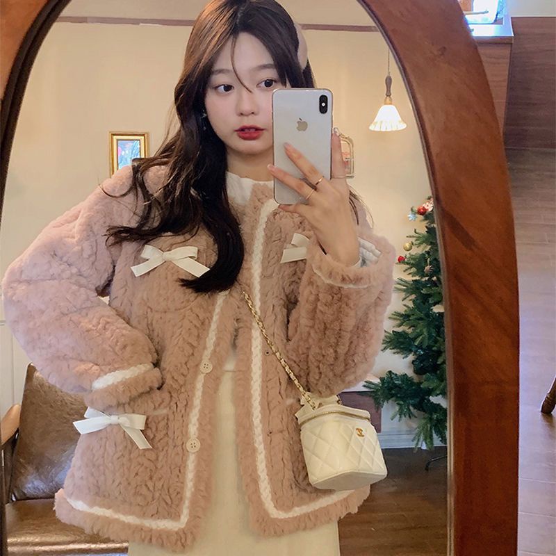 Áo khoác lông cổ tròn đính nơ dày dặn phong cách Hàn Quốc Momome ...