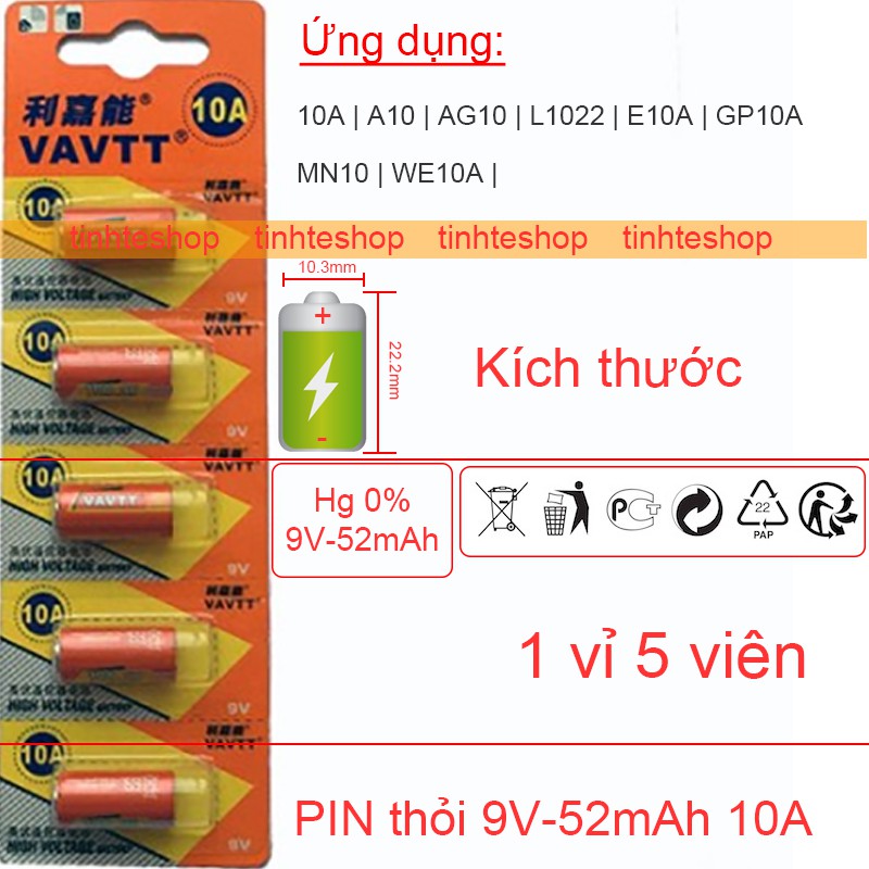 Pin 10A A10 AG10 L1022 E10A GP10A MN10 WE10A 9V-52mAh cho Điều khiển ...