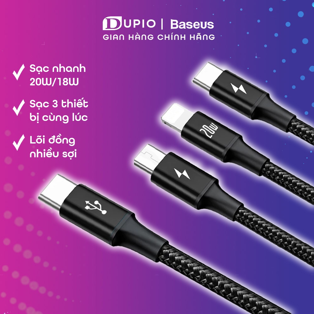 Dây cáp sạc nhanh DUPIO Baseus DS07 đa năng 3 đầu type c bọc dù có ...