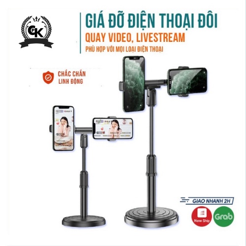 Giá đỡ 2 điện thoại livestream MỚI NHẤT, giá đỡ kẹp điện thoại đôi DK098 CAO CẤP để bàn, gấp gọn ...