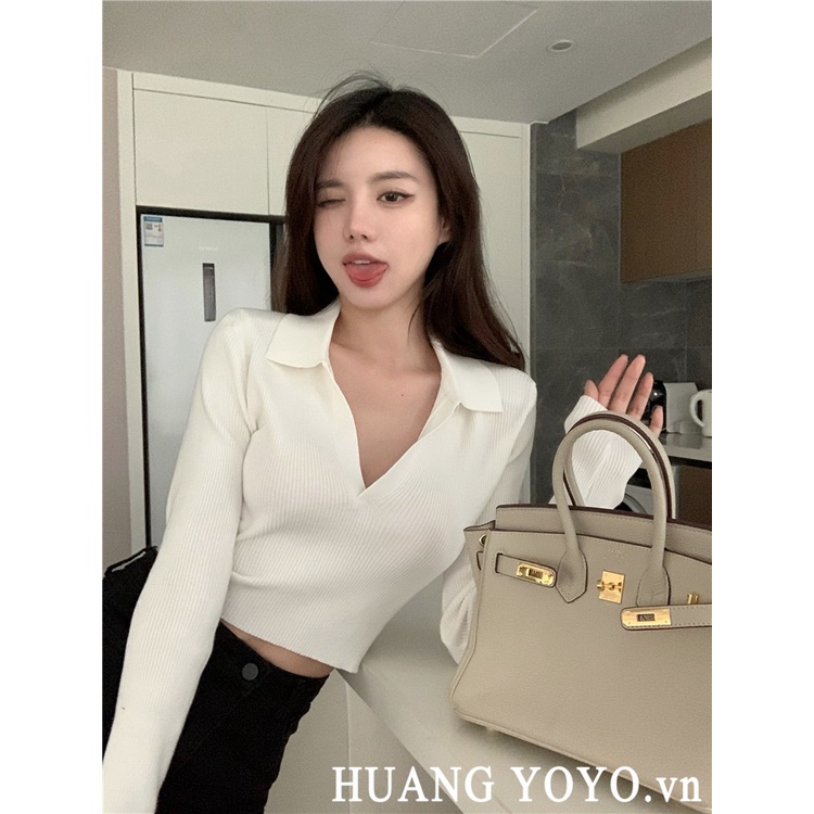 kumikumi HUANG YOYO Áo sweater Dệt Kim Tay Dài Dáng Ngắn Phong Cách Hàn ...