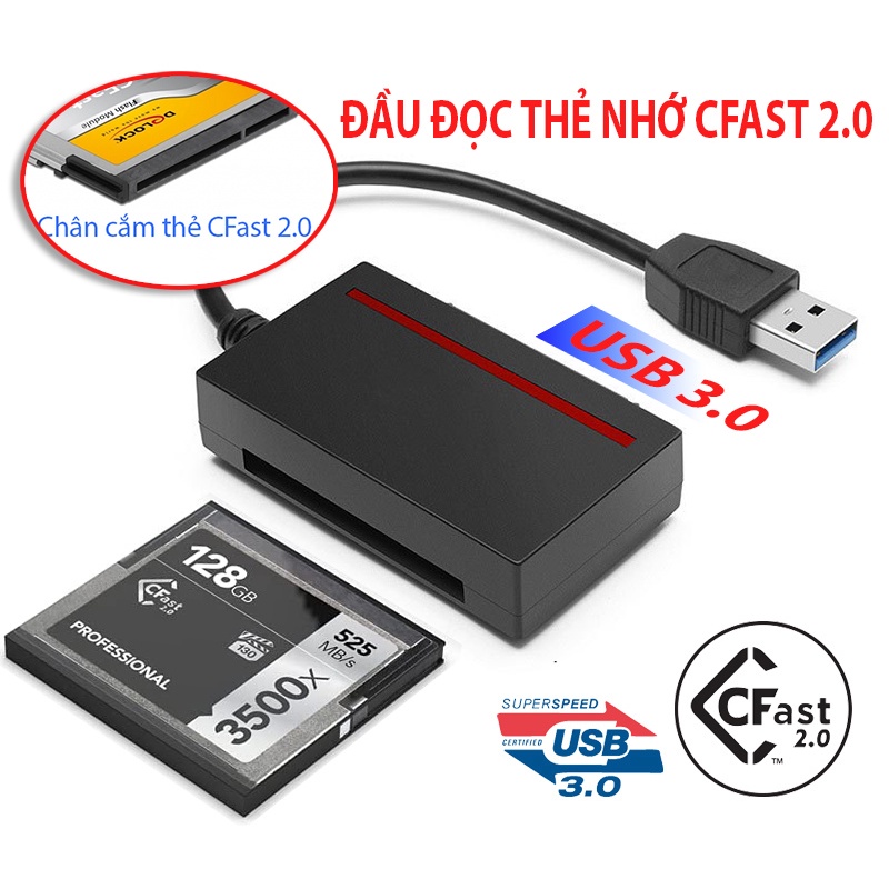 Đầu đọc thẻ nhớ CFAST 2.0 sang USB 3.0 tốc độ cao. Đọc thẻ CFast 1.0, CFast 2.0 cho máy ảnh, máy ...