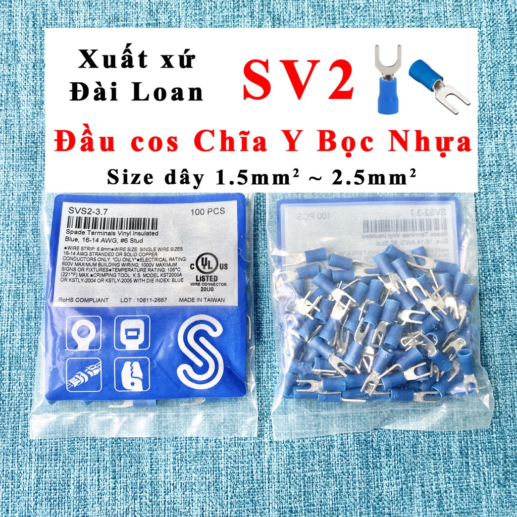 Đầu cos chĩa SV2 Đài Loan- Đầu cos chữ Y có bọc nhựa cứng -Dây 1.5mm2 - 2.5mm2, SVS2-3.7 SVS2-4 ...
