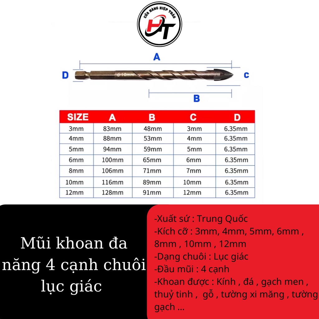 Mũi khoan đa năng cao cấp 4 cạnh chân lục giác chữ thập khoan gạch men kính đá 4mm 5mm 6mm 8mm ...