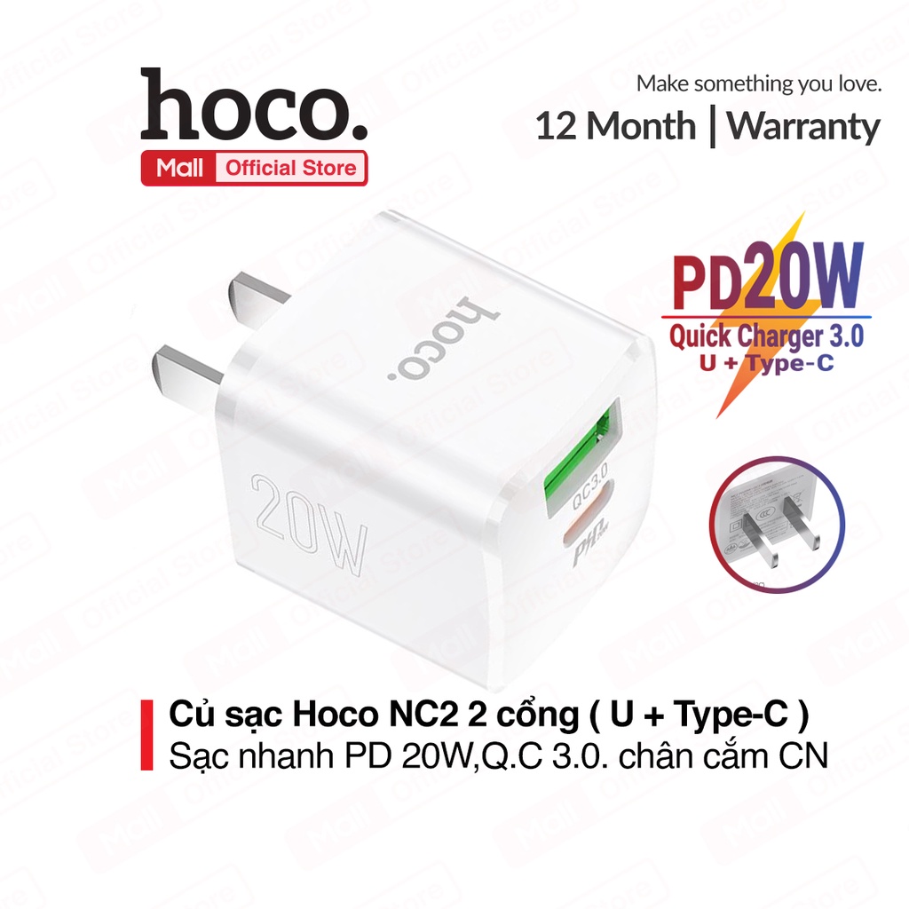 Củ sạc nhanh Hoco NC2 2 cổng ( U + Type-C ) sạc nhanh PD20W, Q.C3.0, tương thích với nhiều dòng ...