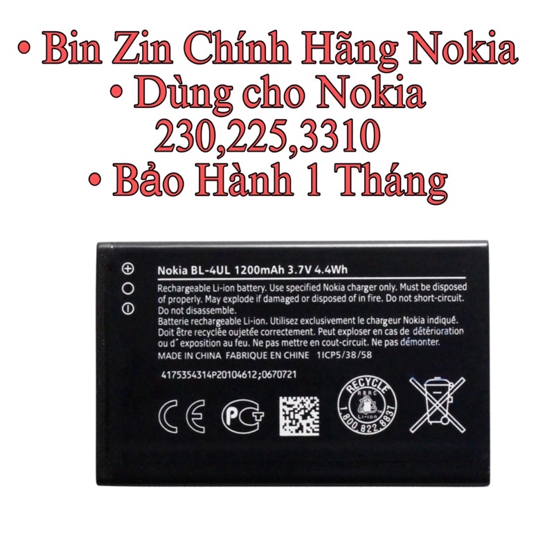 Pin Nokia BL-4UL Dùng cho Dòng Nokia 3310 2017 230 RM-1172 225 Dual Zin Hàng Chính Hãng | Shopee ...