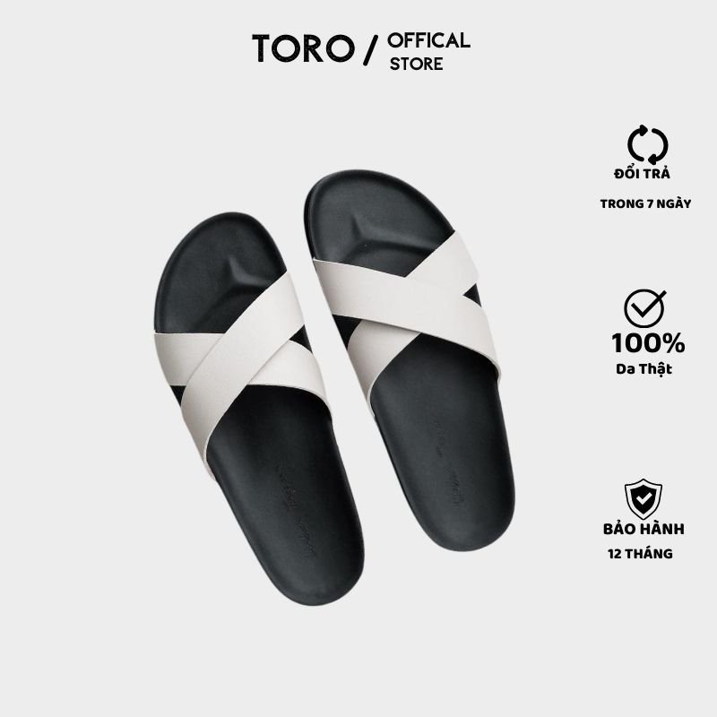 Dép da nam nữ (couple) quai chéo Toro chất liệu da bò cao cấp , màu trắng đế cao su non T01 ...
