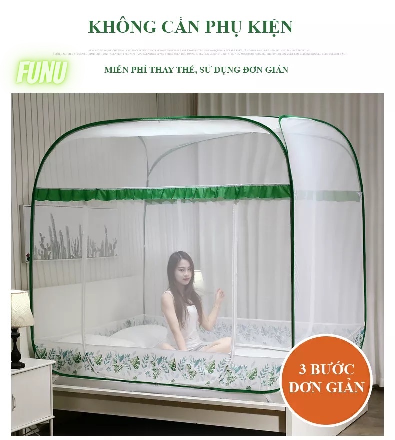 Mùng chụp đỉnh vuông chân viền FuNu một cửa Cao cấp, chống muỗi, bảo vệ sức khỏe gia đình, trẻ ...