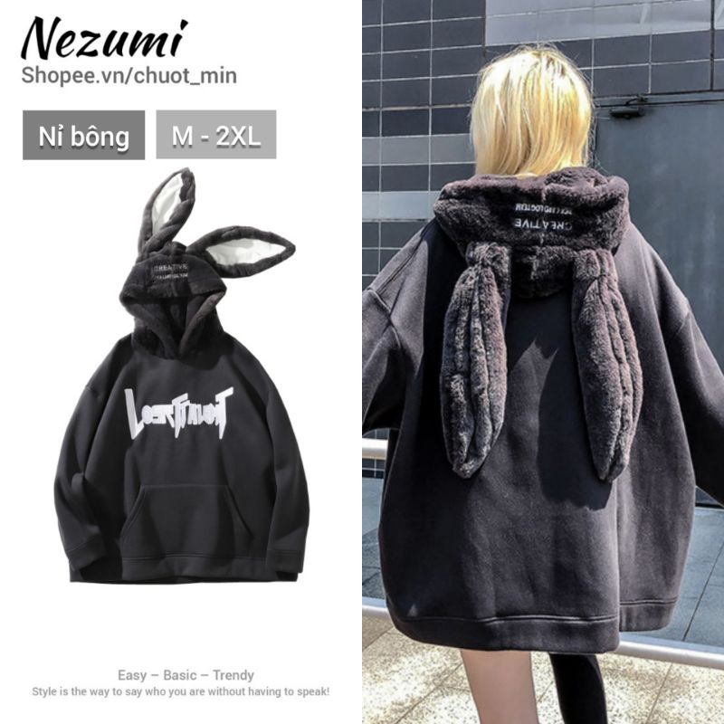 (Sẵn Đen, Nâu) Áo hoodie nỉ bông tai thỏ dài siêu to khổng lồ chữ ngực ...