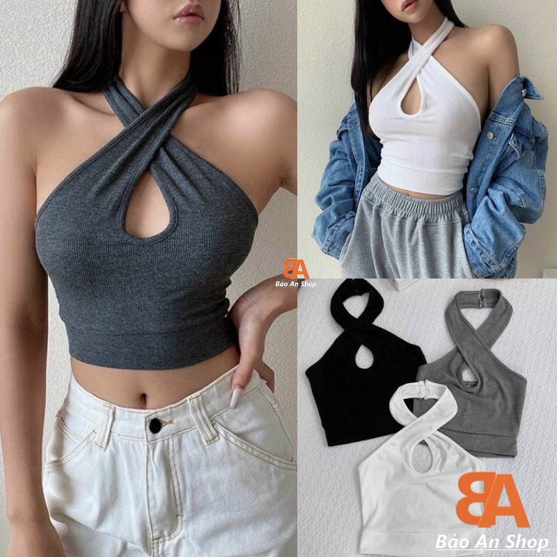 Áo yếm croptop nữ ôm body trễ vai dây chéo cổ giọt nước chất vải thun gân len 4 chiều (Bảo An ...