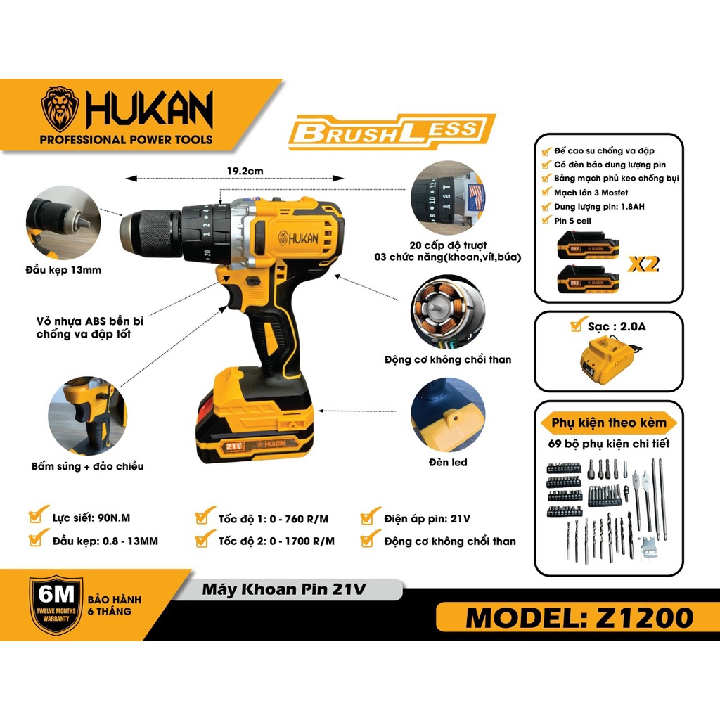 Máy Khoan Dùng Pin HUKAN Z1200 Động Cơ Không Chổi Than | Shopee Việt Nam