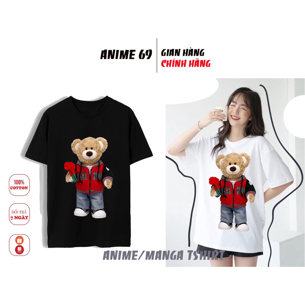 Áo thun tay lỡ form rộng nam nữ- gấu hoa-A006 | Shopee Việt Nam