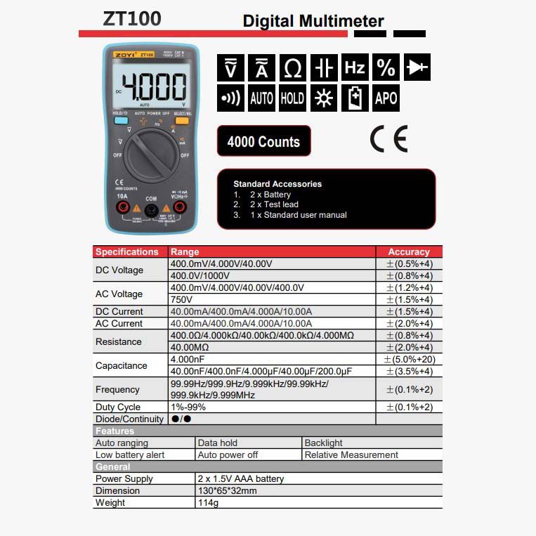Đồng Hồ Vạn Năng Zoyi ZT-100 Đo Điện Kỹ Thuật Số Thiết Kế Nhỏ Gọn, Màn ...
