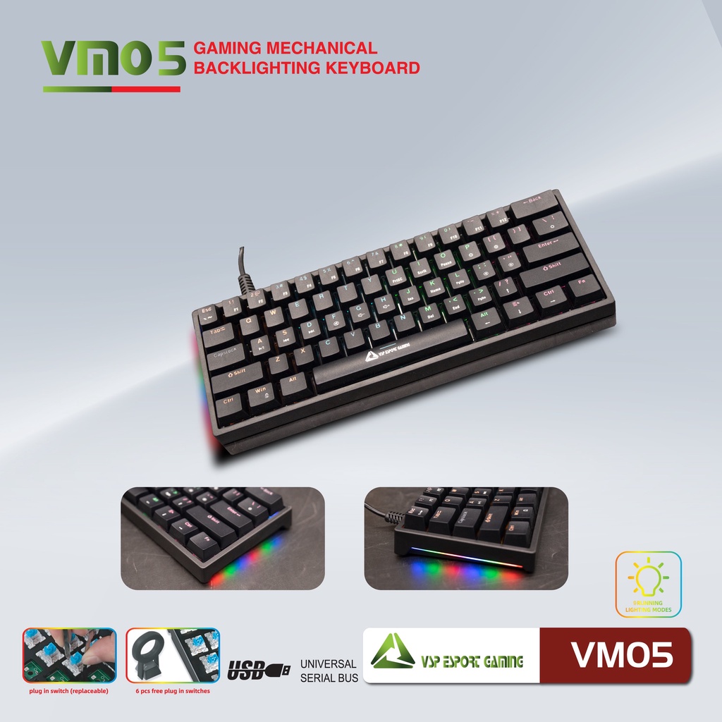 Bàn phím Cơ Gaming Mini VSP Esport VM05 - 9 chế độ Led, 61 Keys ...