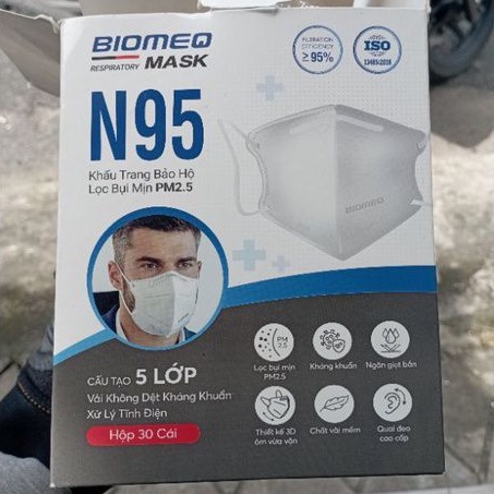 Khẩu trang 3D N95 Biomeq MASK 5 lớp( hộp 30 cái ) xịn sò, kháng khuẩn, lọc bụi PM2.5 siêu mịn 95 ...