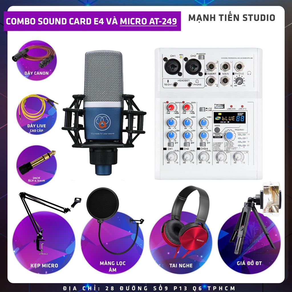 Combo thu âm, livestream Micro AQTA ALC 249 Mixer E4 - Kèm full phụ ...
