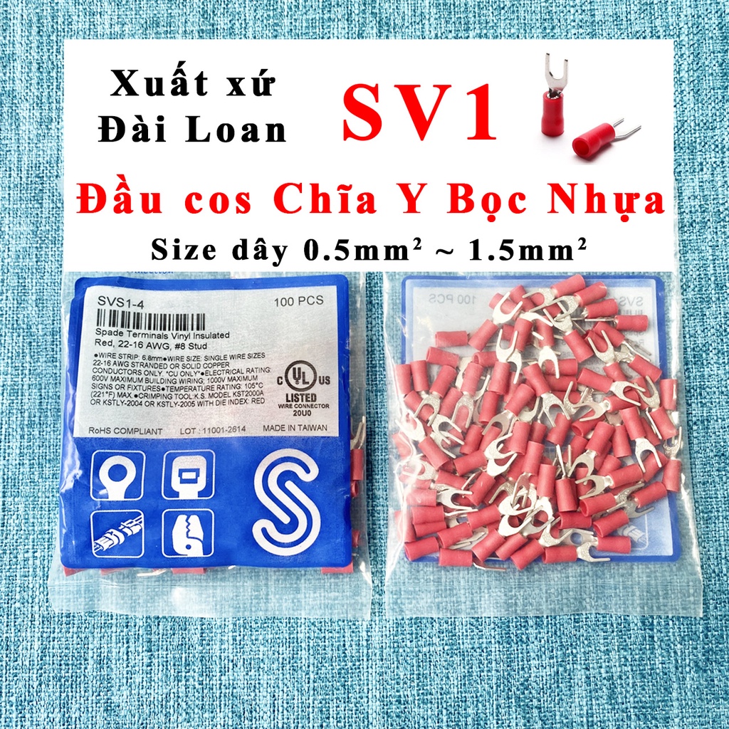 Đầu cos chĩa SV1 Đài Loan cosse chữ Y có bọc nhựa cứng 0.5mm2 tới 1.5mm2 - SV1-3.2 SVS1-3.7 SVS1 ...
